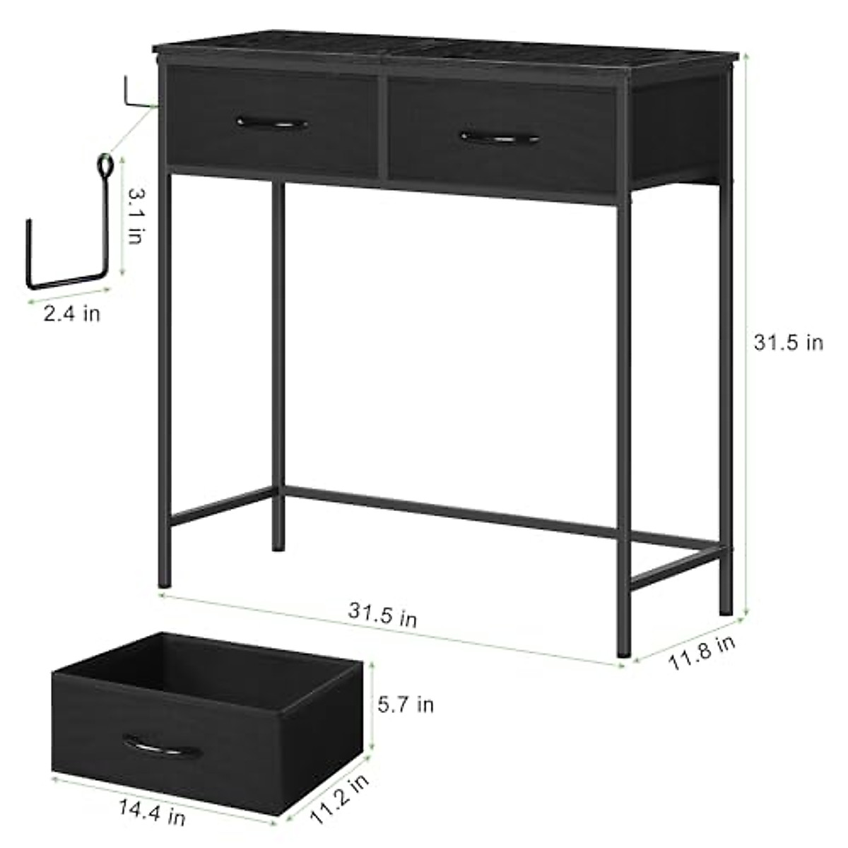 Console Table with 2 Drawers, Black Entryway Table with Storage, 31.5" Behind Couch Table Skinny Small with Hooks and Fabric Drawers, Sofa Table Hallway Table for Entryway, Living Room