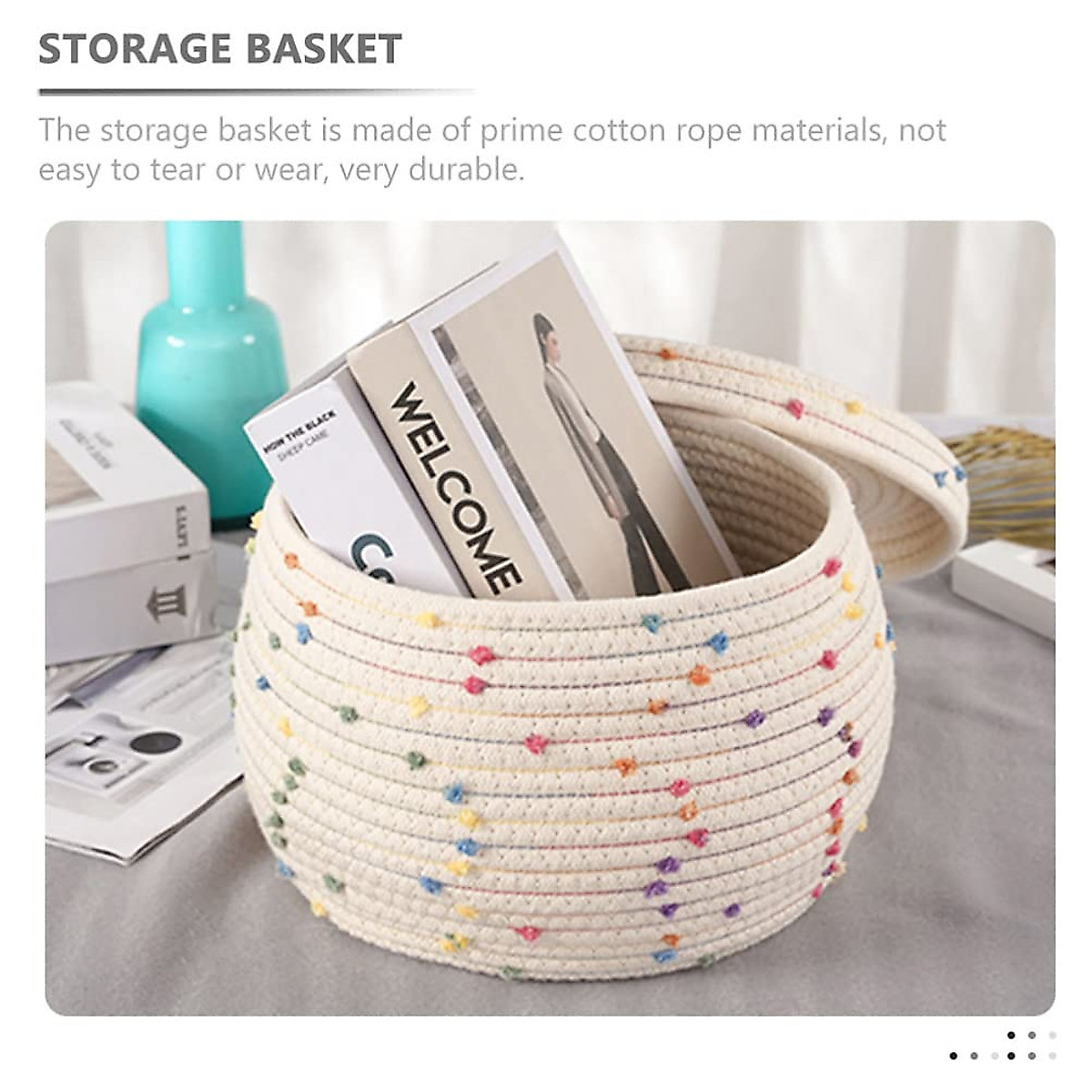 Cabilock Rope Storage Basket Countertop Baskets Woven Storage Basket Laundry Hamper Storage Baskets for Organizing Round Basket with Lid Sundries Organizer Shelf To Weave Rattan Cotton Rope
