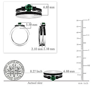 Dazzlingrock Collection 5 MM Center Round Lab Created Emerald with Natural Black Diamond Three Stone Engagement Ring Set for Women | 925 Sterling Silver, Size 5.5
