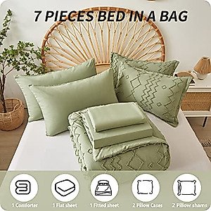 FLYMME Green Tufted Bed in A Bag Twin Size Comforter Set with Sheets, Soft Lightweight Geometric Embroidery Bedding Set 7PC, Boho Shabby Chic Farmhouse Collection All Season (Sage Green, 68''x 86'')