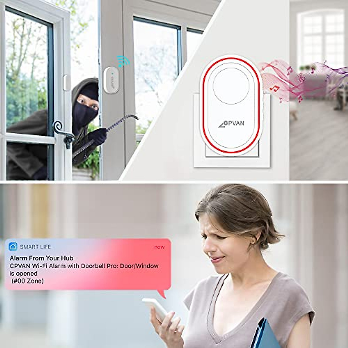 CPVAN CP7R Door Chime, Smart Door Window Alarm Sensor with APP Alert, Remote Control, 2.4 GHz Wi-Fi Base Station Alarm Siren for Kids Elders Safety Compatible with Alexa, for Home House Apartment