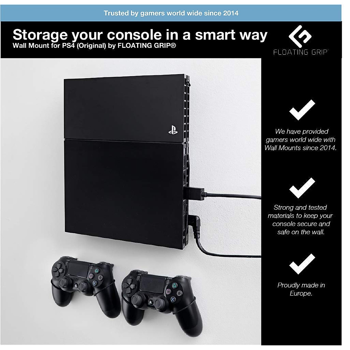 PS4 / PlayStation 4 Wall Mount system by FLOATING GRIP - Wall Mount hanging kit for displaying PS4 and 2x Controllers on the wall (Bundle: Fits PS4 + 2x Controllers, Black)
