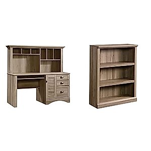 Sauder Harbor View Computer Desk with Hutch, Salt Oak Finish & Sauder Select Collection 3-Shelf Bookcase, Salt Oak Finish