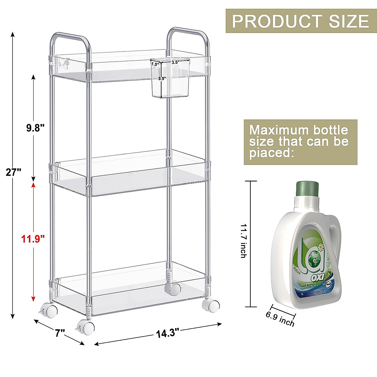 SPACEKEEPER 3 Tier Acrylic Storage Rolling Cart Clear Bathroom Cart Organizer, Transparency Laundry Room Organization Mobile Shelving Unit Multifunction Rolling Utility Cart for Office Living Room