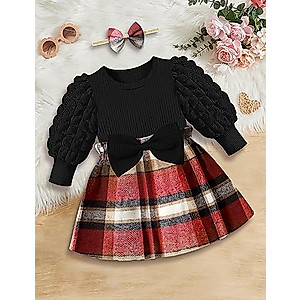 Qaoerde Baby Girl Dresses 3-6 Months Baby Girl Dress Puff Sleeve Red Plaid Dress Ribbed Baby Girls' Dresses Baby Dresses 3-6 Months Baby Girl Fall Dress Baby Girl Winter Dress Christmas Outfit