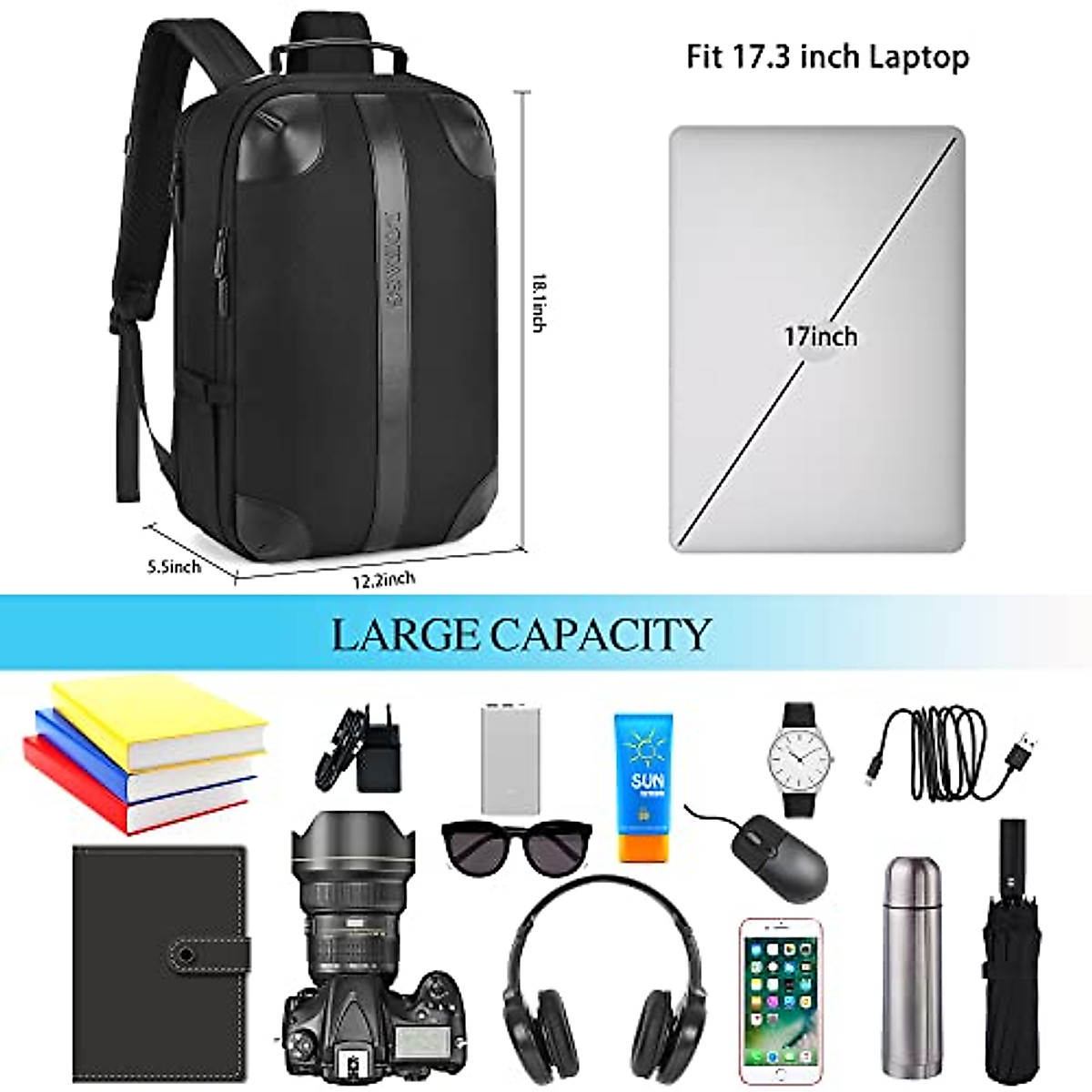 Laptop Backpack for Men, 17.3 Inch Business Work Laptop Backpacks Lightweight Slim Durable Water Resistant Women Backpack College School Bookbag Computer Backpack Black