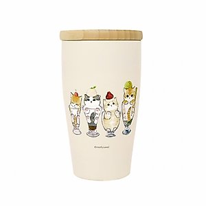 Toa Metal Mofusand Stainless Steel Tumbler with Wooden Lid 11.8 fl oz (350 ml) [Cat Parfait] 53-2092 Beige