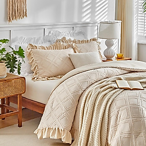 Tufted Ruffle Comforter Set Twin Size, 3 Pieces Beige Ruffled Farmhouse Comforters, Luxury Solid Color Soft and Embroidery Shabby Chic Boho Bohemian Bedding Set for Kids(1 Comforter + 2 Pillowcases)