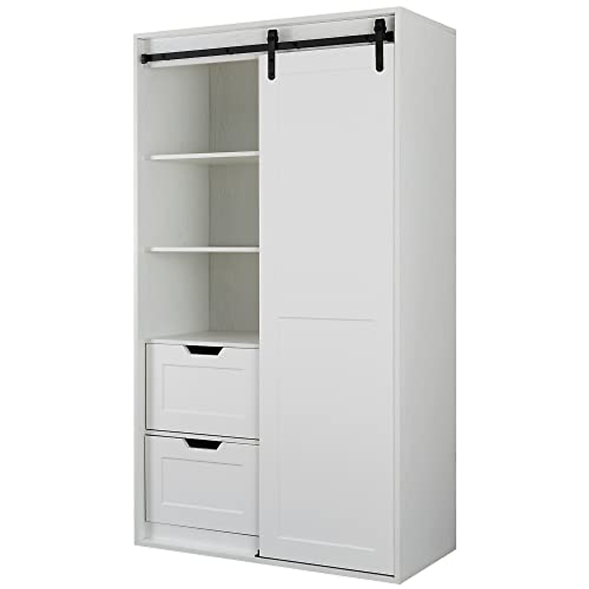 71 inch Tall Bedroom Armoire Wardrobe Closet Clothing Storage Cabinet with Hanging Rod Barn Door Drawers Open Shelves (White)