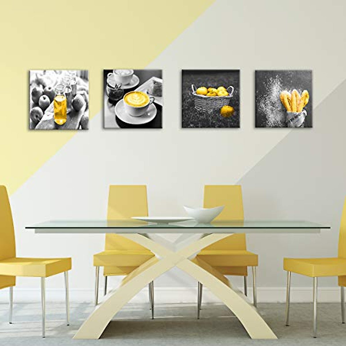Oreichar Art Food Wall Art Black and White Coffee Bread Canvas Print Painting Yellow Picture for Cafe Dining Room Restaurant Kitchen Decoration (12"x12"x4pcs)