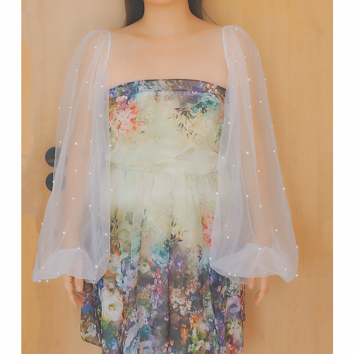 Detachable Sleeves for Wedding Dresses Pearl Tulle Illusion Removable Bridal Accessory (Ivory 04)