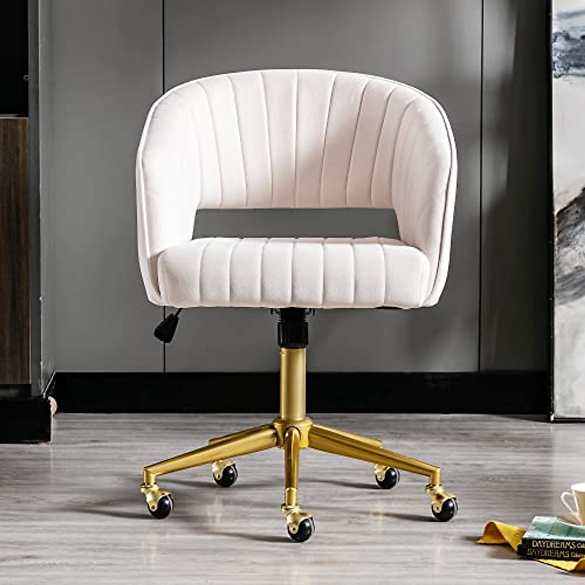 ABET Desk Chair with Wheels, Velvet Home Office Chair, Swivel Armchair with Gold Base, Upholstered Modern Accent Chairs, Back Incline Adjustable for Vanity Living Room Bedroom, Off-White Cream
