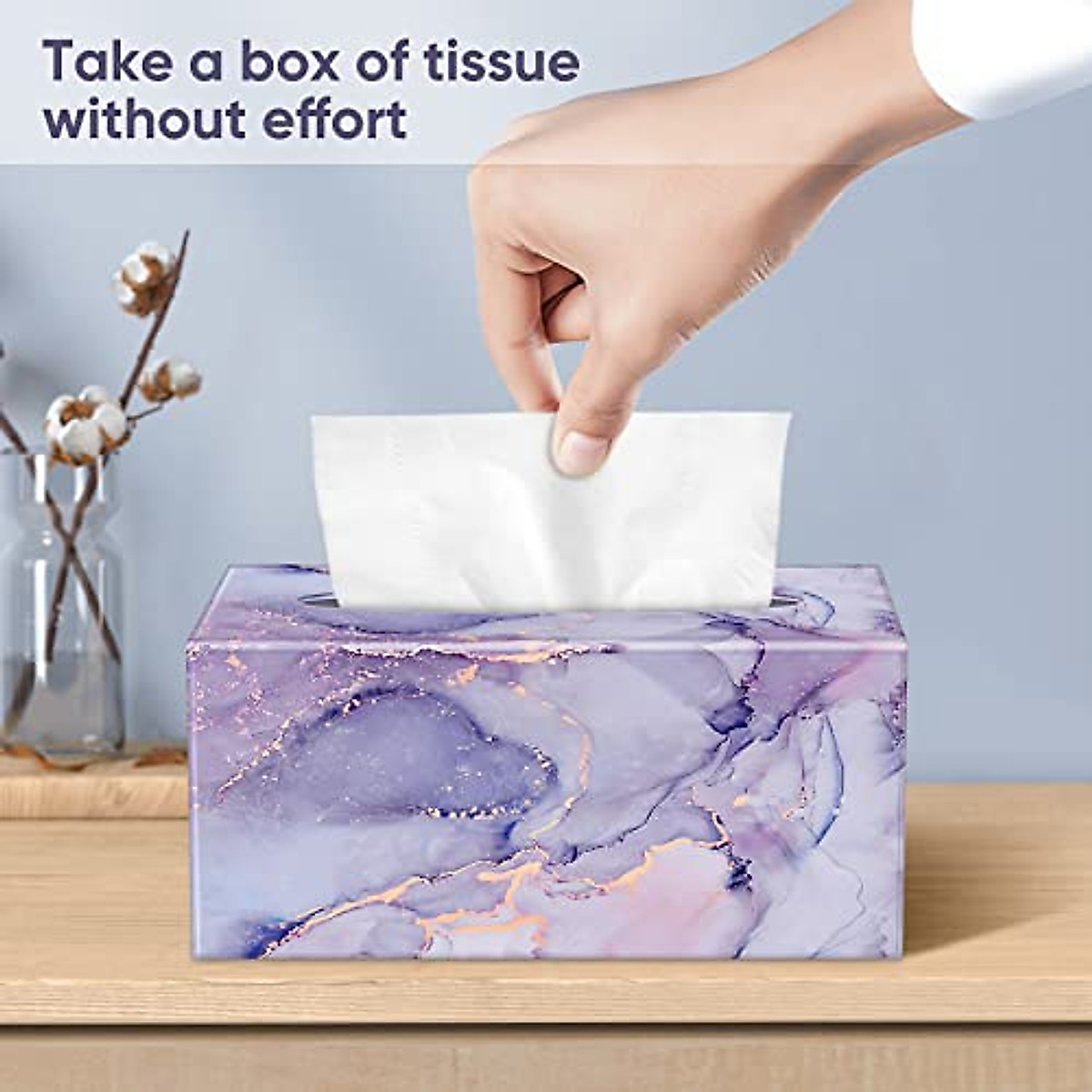 Tissue Box Holder, FINPAC Rectangular PU Leather Foldable Facial Tissue Napkin Box Covers Decor Holder for Living Room, Bathroom, Kitchen Countertop, Lilac Marble