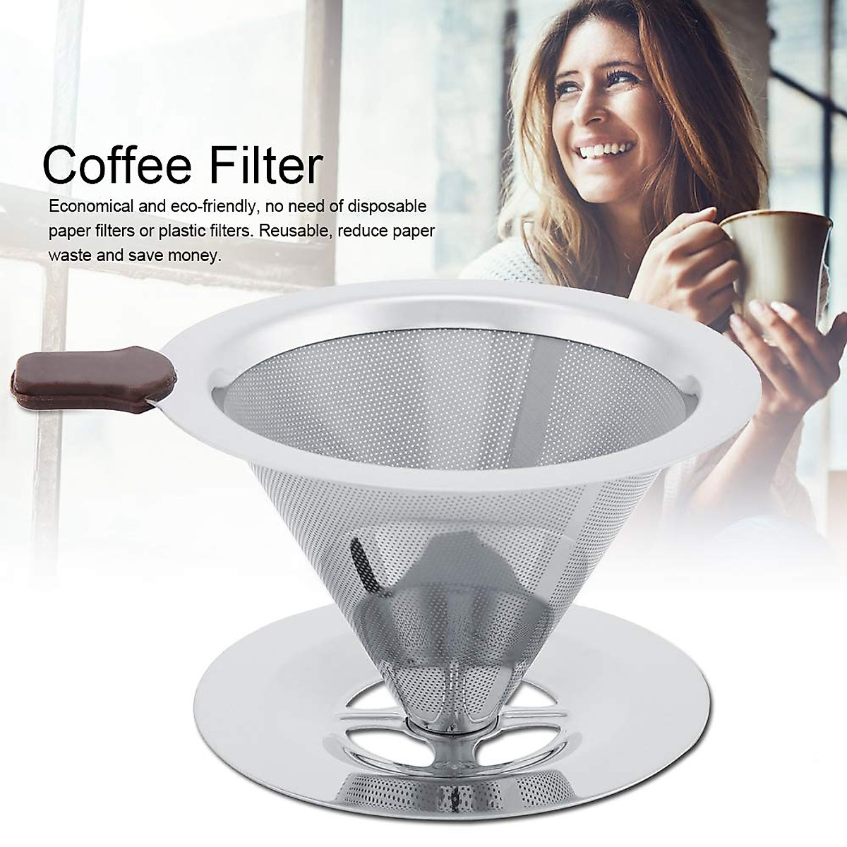 Topyond Stainless Steel Coffee Filter, Reusable Double Layer Brew Dripper, Collapsible and Portable Design with Cup Stand,for Camping and Travel