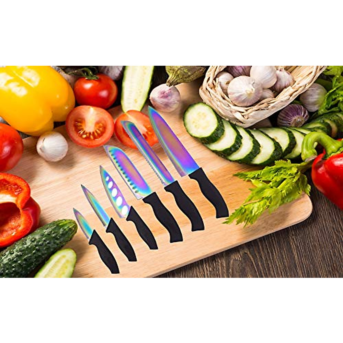 Lightahead 7pcs Premium Rainbow Colored Knife Set, 6 Stainless Steel Kitchen Knives with Chopping Board