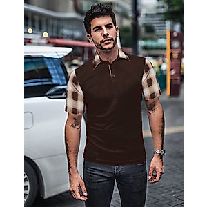 CHOMOLEZA Men's Casual Short Sleeve Polo Shirt Classic Plaid Collar Slim Fit T-Shirt Coffee M