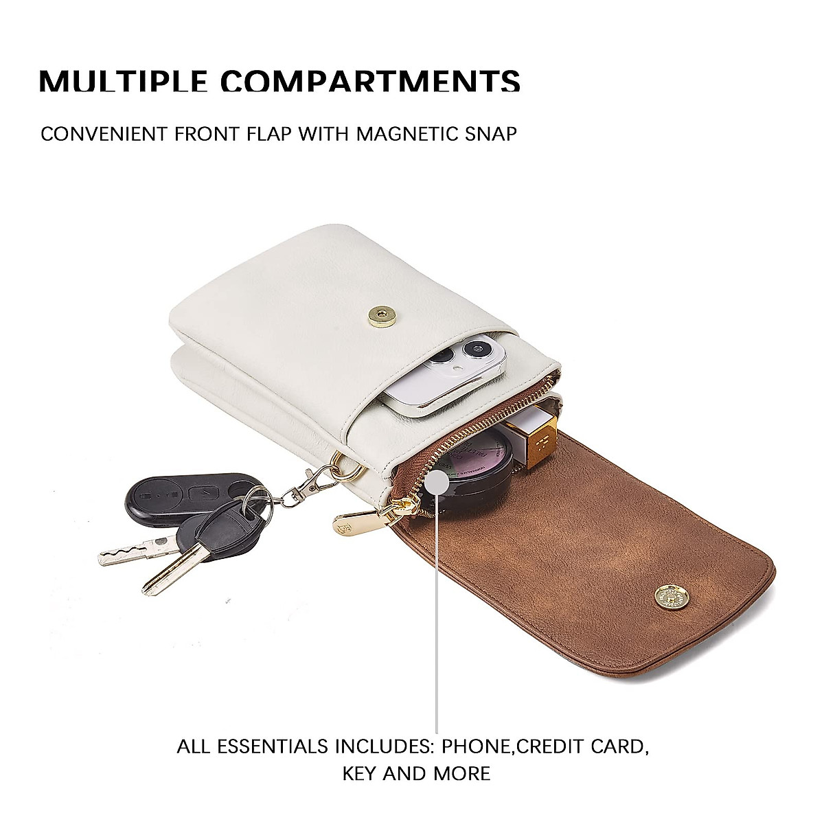 BOSTANTEN Leather Small Crossbody Bags for Women Designer Cell Phone Bag Wallet Purses Adjustable Strap White with Brown