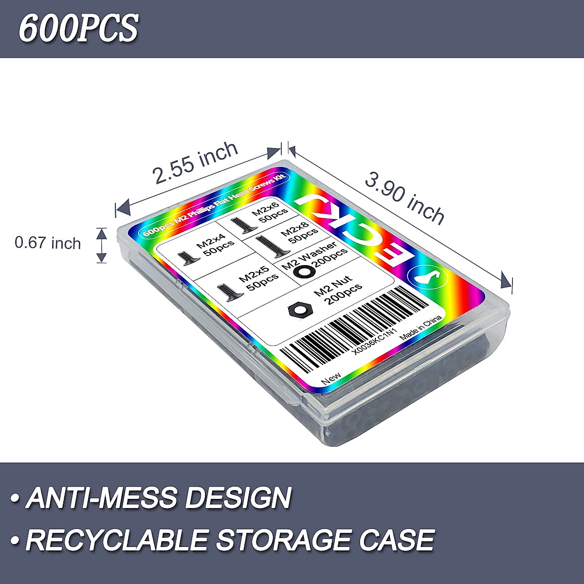 ECKJ 600pcs M2.5 Laptop Notebook Computer Replacement Screws, Phillips Flat Head Countersunk Machine Screw Bolts Nuts Washers Assortment Kit, M2.5 x 4mm/ 5mm/ 6mm/ 8mm for SSD Repair, NVMe Drive Black