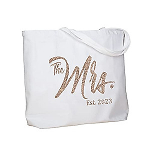 ELEGANTPARK Future The Mrs. EST. 2023 Personalized Bride Tote Wedding Bachelorette Bridal Shower Gifts Large Shoulder Bag White with Champagne Glitter