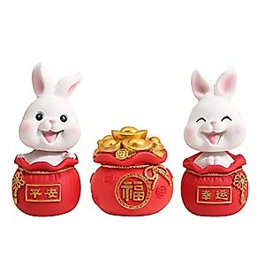NOLITOY 3PCS 2023 Miniature Rabbit Figures, Chinese Year of The Rabbit Ornament, Resin Bunny Statue with Lucky Money Bag for Souvenir Gift DIY Micro Garden Landscape Bonsai
