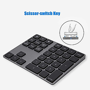 Numeric Keypad, Rechargeable Aluminum Alloy 34 Keys Mini Bluetooth Numpad, Slim External Numpad Keyboard Data Entry Support Windows, iOS, Android System