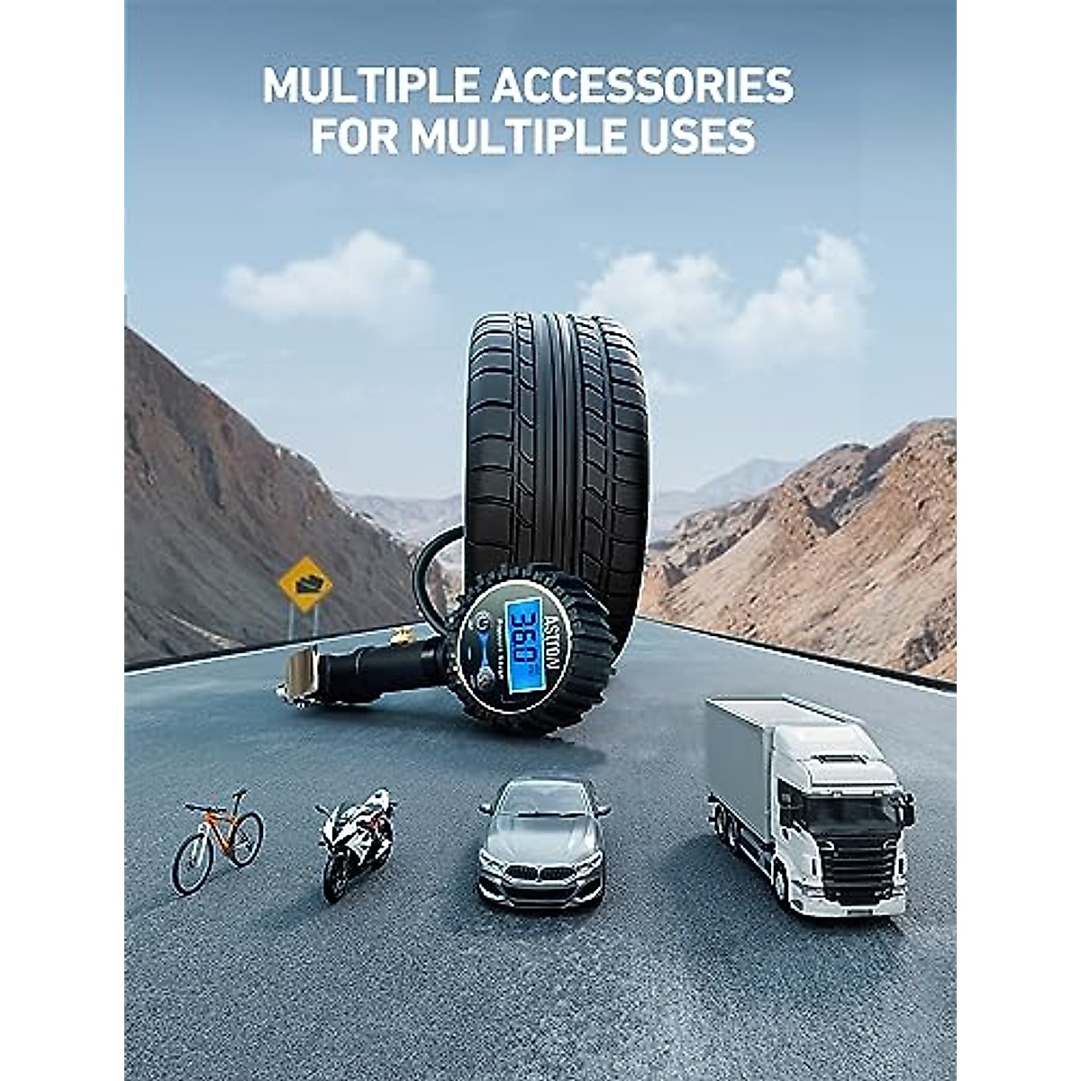 AstroAI Digital Tire Pressure Gauge with Inflator(3-250 PSI for 0.1 Display Resolution), Heavy Duty Air Chuck and Compressor Accessories with Rubber Hose and Quick Connect Coupler Car Accessories.