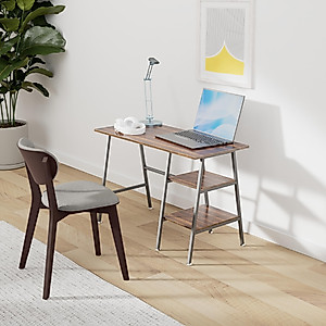 VECELO 43 Inch Computer Desk Writing Study Work Office Table Modern Desk with Shelves Wooden Desk for Home Bedroom,Walnut Desk