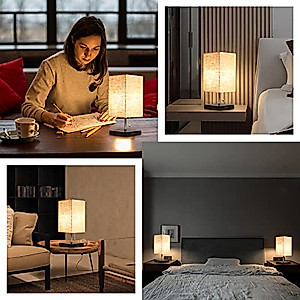 USB Bedside Table Lamp, Siljoy Minimalist Nightstand Lamp Small Lamp Modern Desk Lamp with 2 Double USB Fast Charging Port and Square Fabric Linen Lamp Shade, for Bedrooms Study Living Room, M