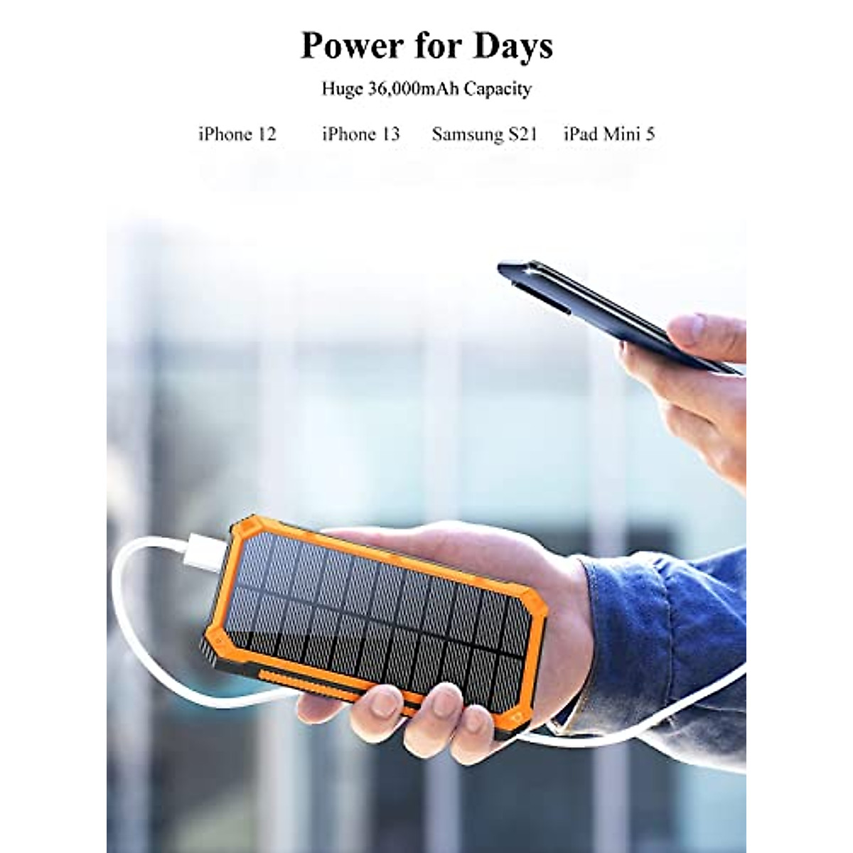 Power-Bank-Solar-Charger - 36000mAh Solar Power Bank, PD 20W Quick Charge,Drop-Proof Waterproof Dustproof Built-in LED Flashlight for iPhone, Tablet, Samsung and More USB Device(Orange)