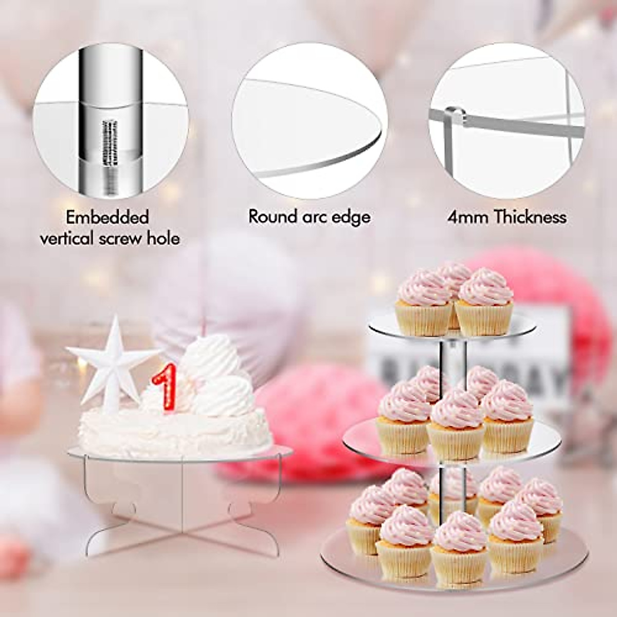 3 PCS Acrylic Cupcake Stand 2 Set of 3 Tier Clear Cupcake Stand Dessert Tower and 1 Tier Round Cake Stand Holder Bakery Display Serving Tray for Wedding Baby Shower Party Decor