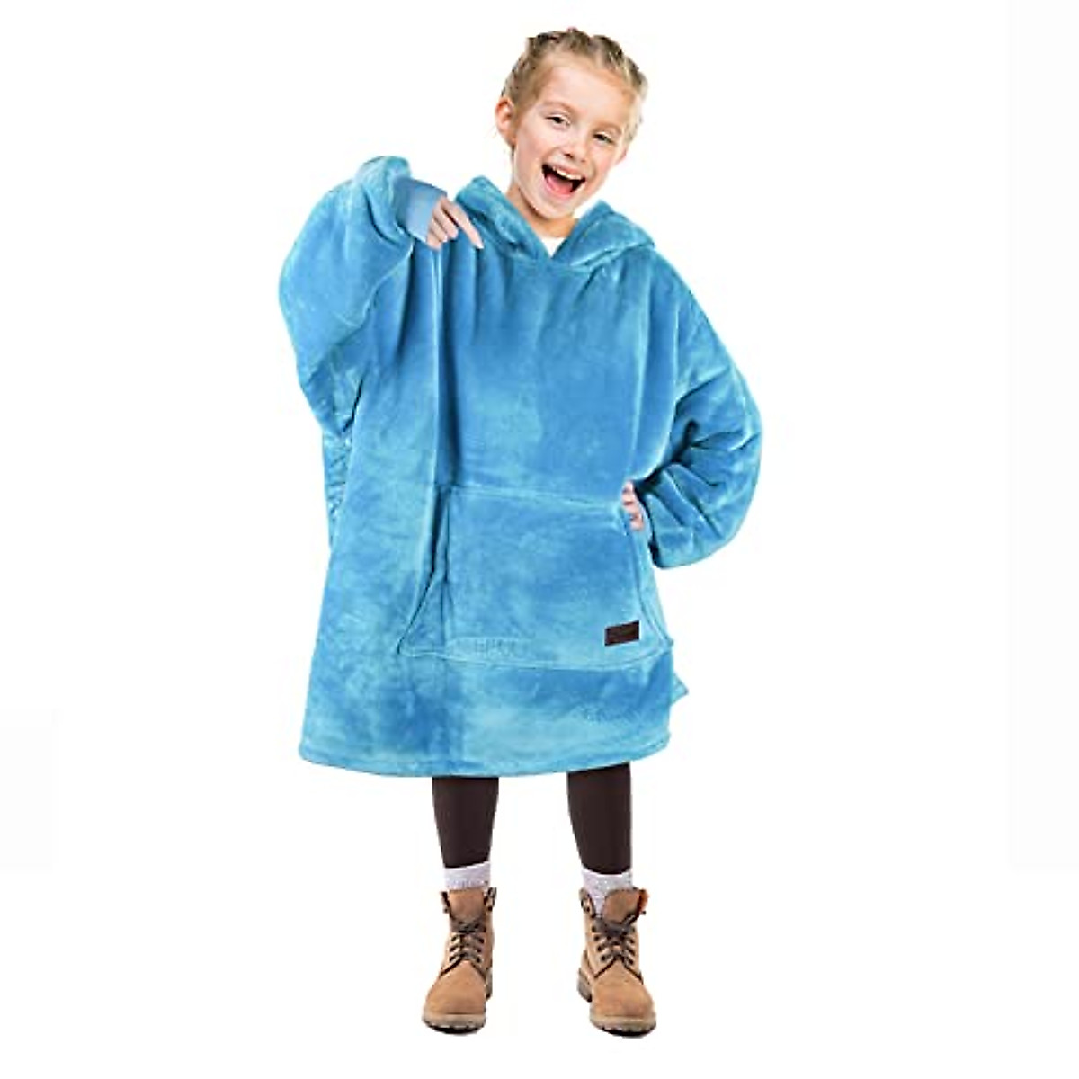 Solaris Wearable Blanket Hoodie for Kids - Warm Soft Gift, Oversized Cozy Sherpa Fleece Sweatshirt Pullover for Teens, Girls, Boys, Large Pocket, Light Blue