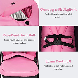 HONEY JOY Baby Stroller, High Landscape Convertible Infant Bassinet Stroller, Adjustable Canopy & Backrest, Storage Basket, Cup Holder, Foldable Newborn Carriage Pram Stroller (Pink)