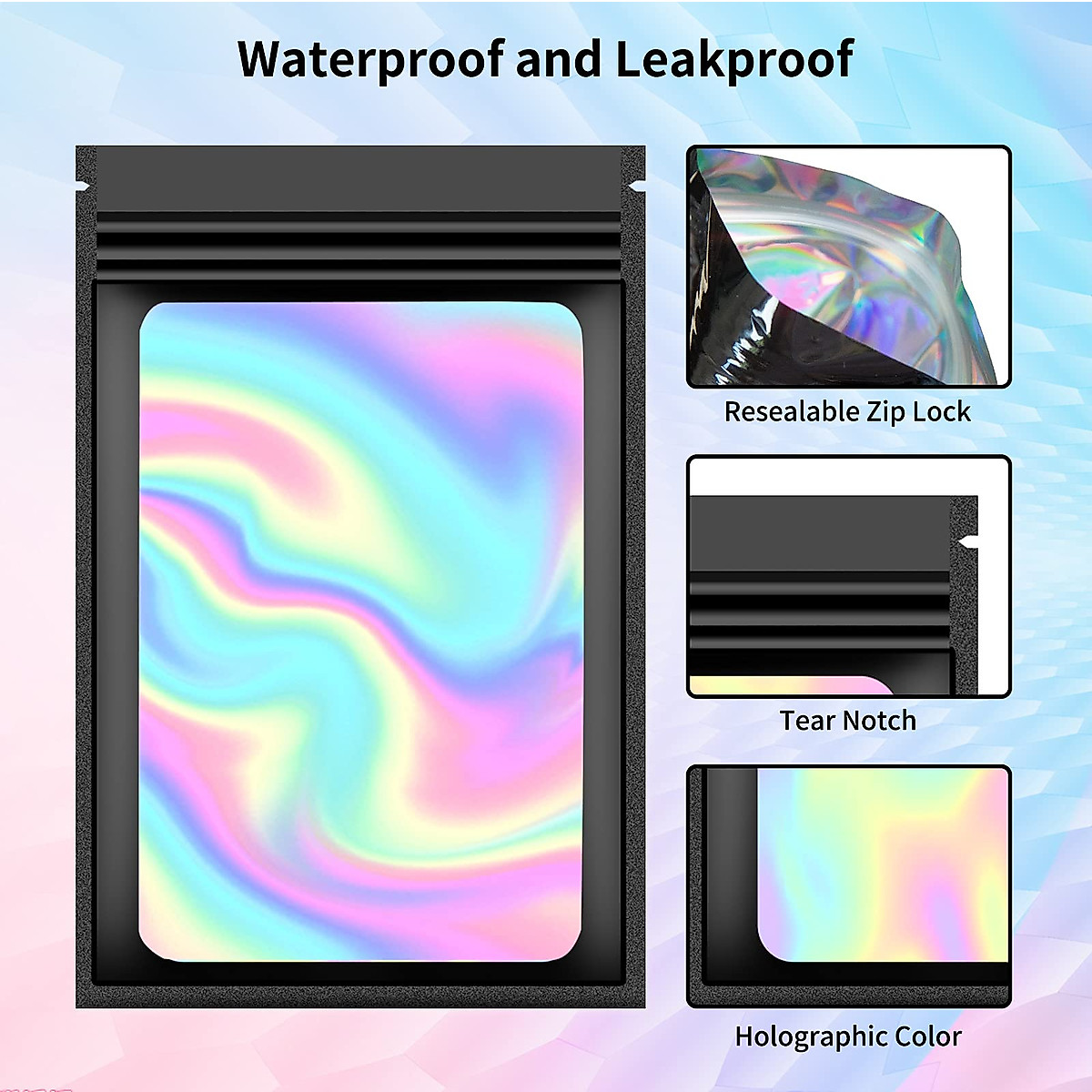 Ruiqiger 150 PCS Resealable Smell Proof Mylar Bags Food Storage Ziplock Holographic Bag Packaging Pouch Black With Window for Coffee,Electronics
