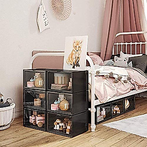 Shoe Storage Boxes Clear Stackable Women Men Sneaker Storage Display Box Foldable Shoe Organizer Box Black Closet Bedroom Plastic Shoe Boxes Black (3 Pack)