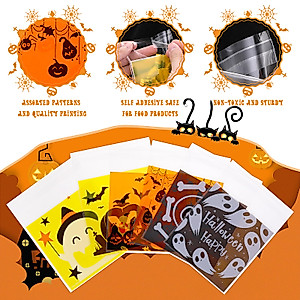 300 Pcs Halloween Treat Bags, 6 Cute Style Candy Bags Clear Trick or Treat bags Self Adhesive Plastic Bags Bulk for Halloween Party Favor Supplies Gift (A)