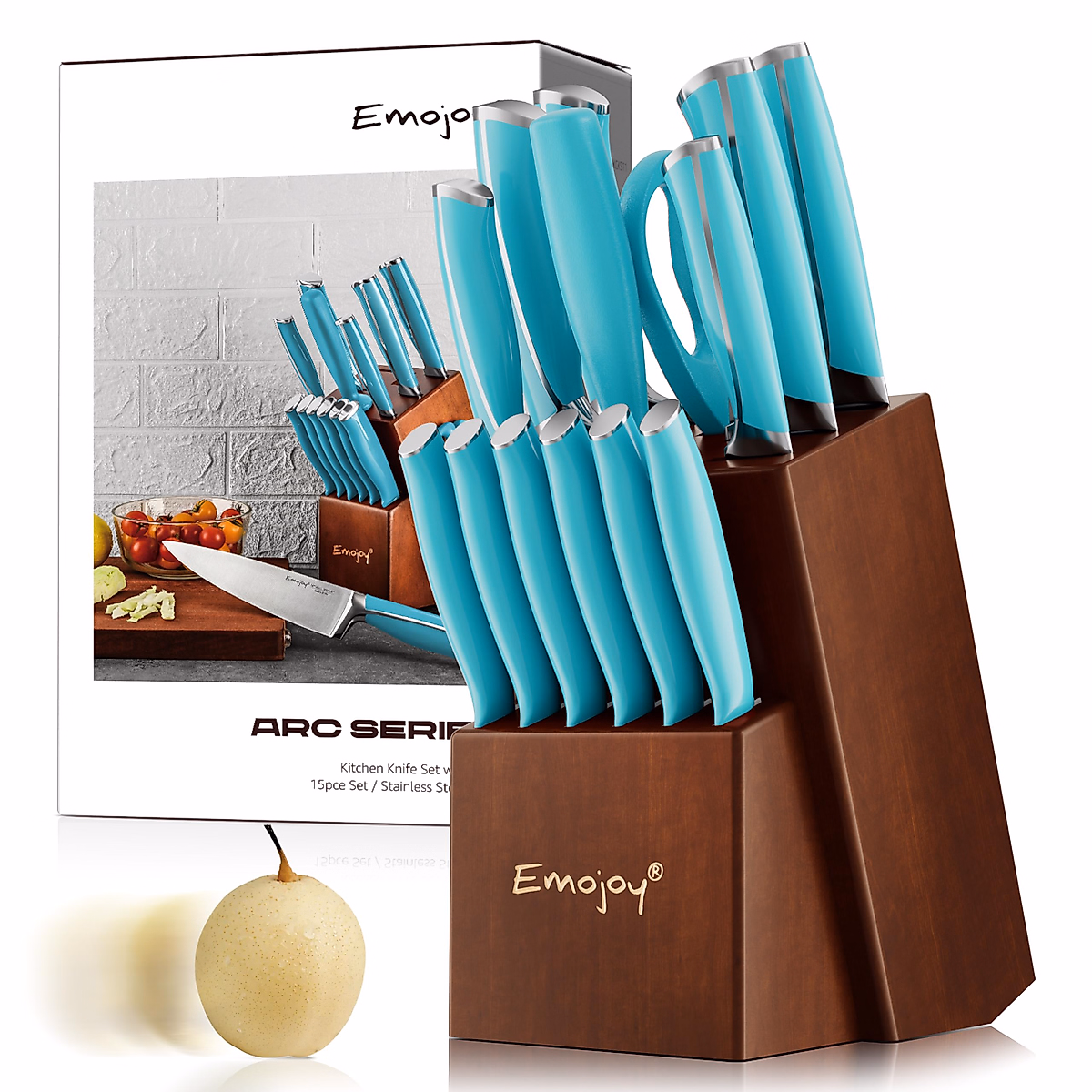 Knife set,Emojoy Kitchen Knife Set With Block Wooden,15-Pieces Kitchen Knives German Stainless Steel Sharp Chef Knife Set with Sharpener