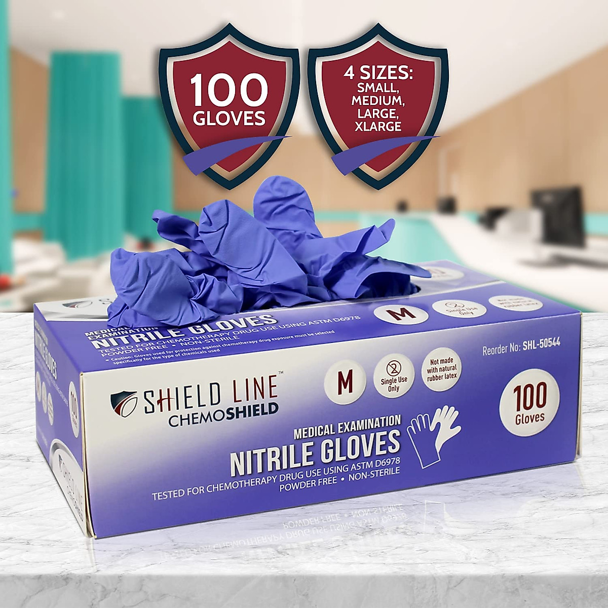 SHIELD LINE Nitrile Medical Examination Gloves, Medium 100 Pack - Chemotherapy-Rated Disposable Gloves For Doctors & Nurses- Latex & Powder Free Gloves For Hospital, Home Use, Cooking