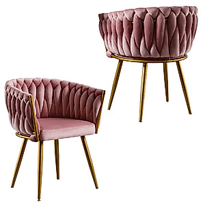 jonpony Woven Velvet Dining Chairs Set of 2, Kitchen Room Chair Living Room Chairs Upholstered Side Chair with Metal Legs Desk Chair for Dining Room Kitchen Vanity Patio, Pink
