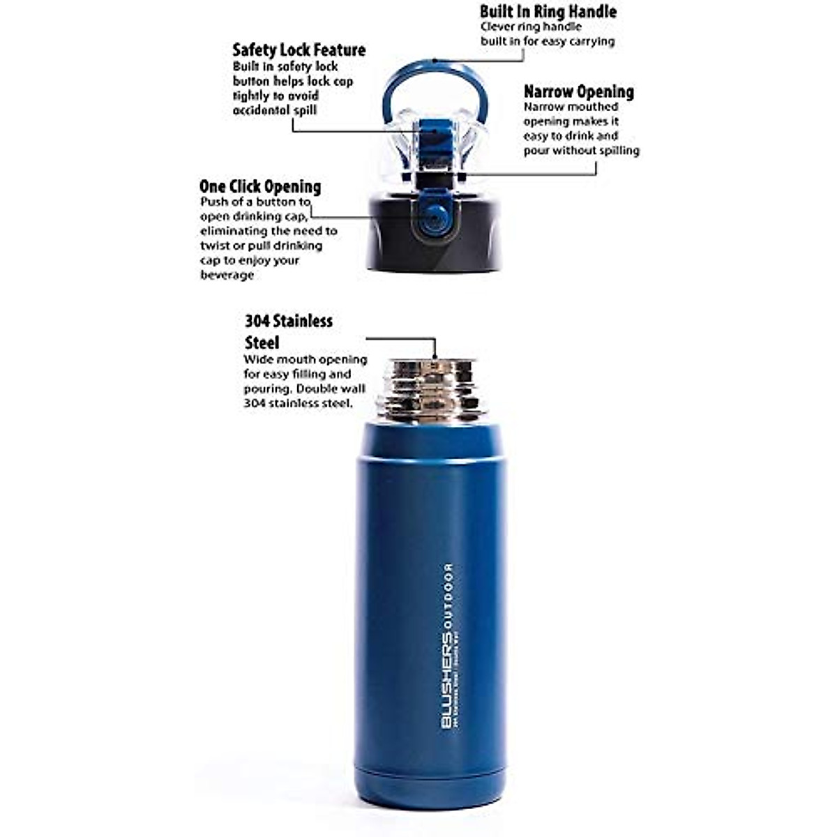 Blushers 650ml (22oz) Double Wall Vacuum Insulated 304 Stainless Steel To Go Travel Mug, One Touch Lock Lid Thermos Water Bottle (Blue - 3 Piece Set)
