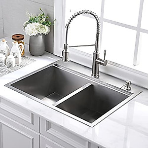33 Inch Double Bowl Drop In Kitchen Sink Workstation - VOKIM 33 x 22 Inch Stainless Steel Top mount Kitchen Sink 16 Gauge Stainless Steel Drop In Kitchen Sink 10 Inch Deep 50/50 Double Bowl Sink