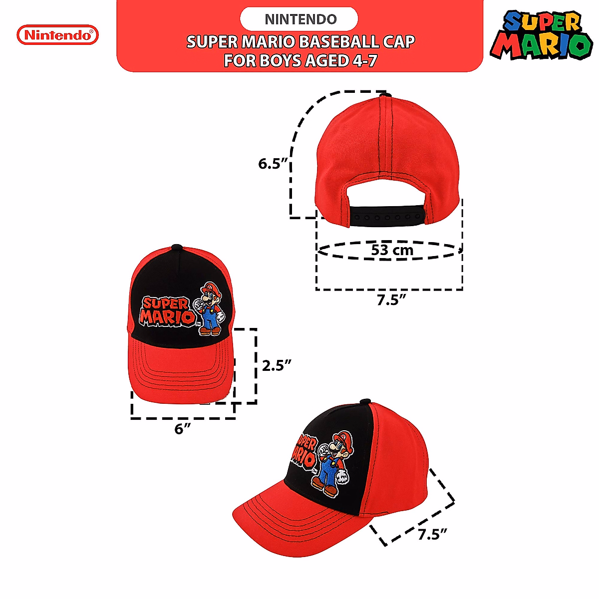 Nintendo Boys Baseball Cap, Super Mario Adjustable Kids Hat for Ages 4-7 Red/Black