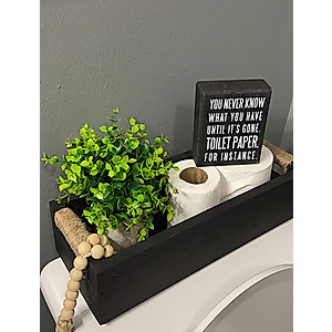 Veichin Bathroom Decor Box Back of Toilet Paper Storage Basket Organizer with Funny Double-Sided Box Sign And Artificial Flower, Set of 3 Wood Tank Tray