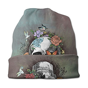Flower Sugar Skull Beanie Hat Adult Skull Cap Warm Slouchy Knit Hat Headwear Gift for Men Women