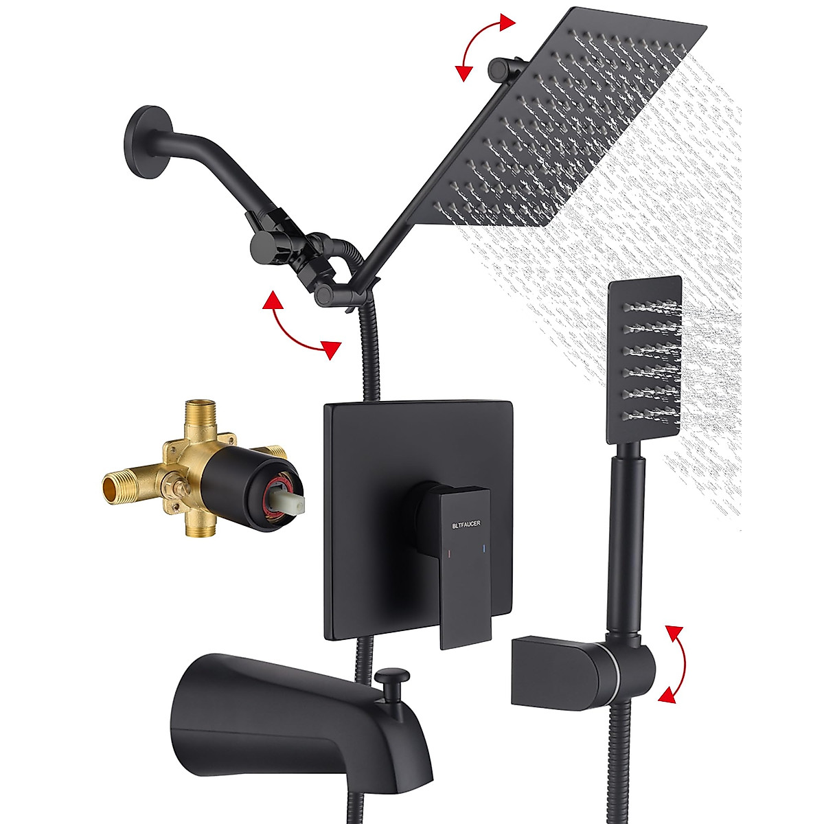 BLTFAUCER Matte Black Dual Bathtub Shower Faucet Set Combo with Handheld and 8 Inch Rainfall Shower Head|Adjustable Extension Shower Arm|Tub Spout|Pressure Balance Rough-in Valve Included