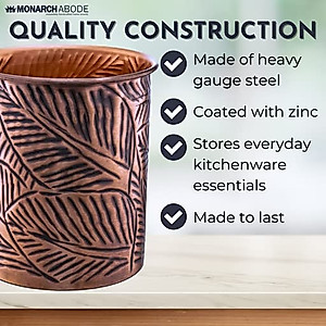 Monarch Abode 49677 Metal Handcrafted Floral Embossed Caddy, Kitchen Interior Organizer for Utensils, Crock for Cooking Utensils, Multipurpose, Large Utensil Holder, Antique Copper Finish