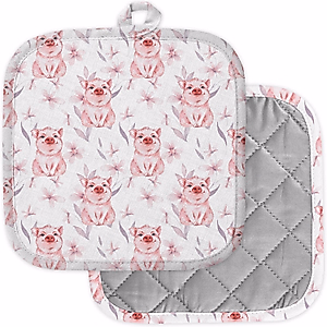 [Pack of 2] Pot Holders for Kitchen, Washable Heat Resistant Pot Holders, Hot Pads, Trivet for Cooking and Baking ( Pig Flowers Watercolor )