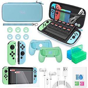 Switch Accessories Bundle for Animal Crossing - 26 in 1 Accessories Kit with Carrying Case, Screen Protector, Handle Grips,Steering Wheel,Thumb Caps,Type-C Cable Compatible with Nintendo Switch, Blue