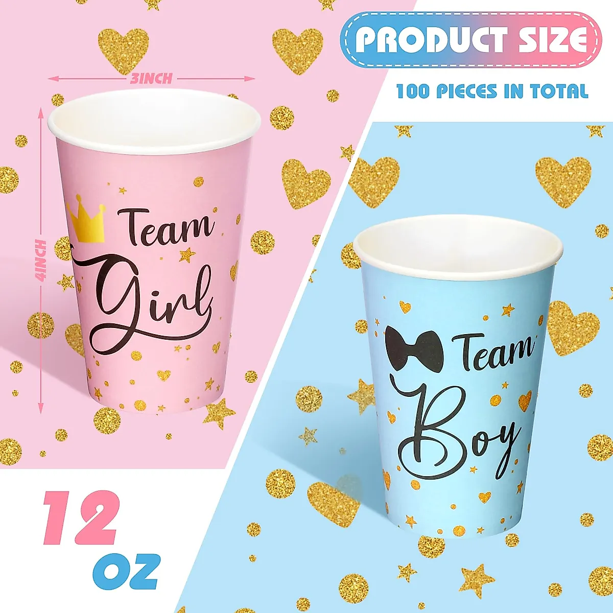 Colarr 100 Pcs Gender Reveal Party Paper Cups 12 oz Gender Reveal Cups Team Boy or Girl Gender Reveal Party Supplies Paper Baby Shower Cups Disposable Pink and Blue Cups for Gender Reveal Baby Shower