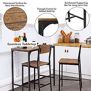 Giantex 3 Piece Pub Table Set, Bar Table and Chairs Set of 2, Kitchen Counter Height Bistro Dinette Hightop Dining Table Set for Small Space Apartment Breakfast Nook Restaurant, Rustic Brown