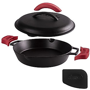Cast Iron Skillet with Cast Iron Lid - 12"-Inch Dual Handle Frying Pan + Pan Scraper + Silicone Handle Holder Covers - Pre-Seasoned Oven Cookware - Use Indoor/Outdoor, Grill, Stovetop, Induction